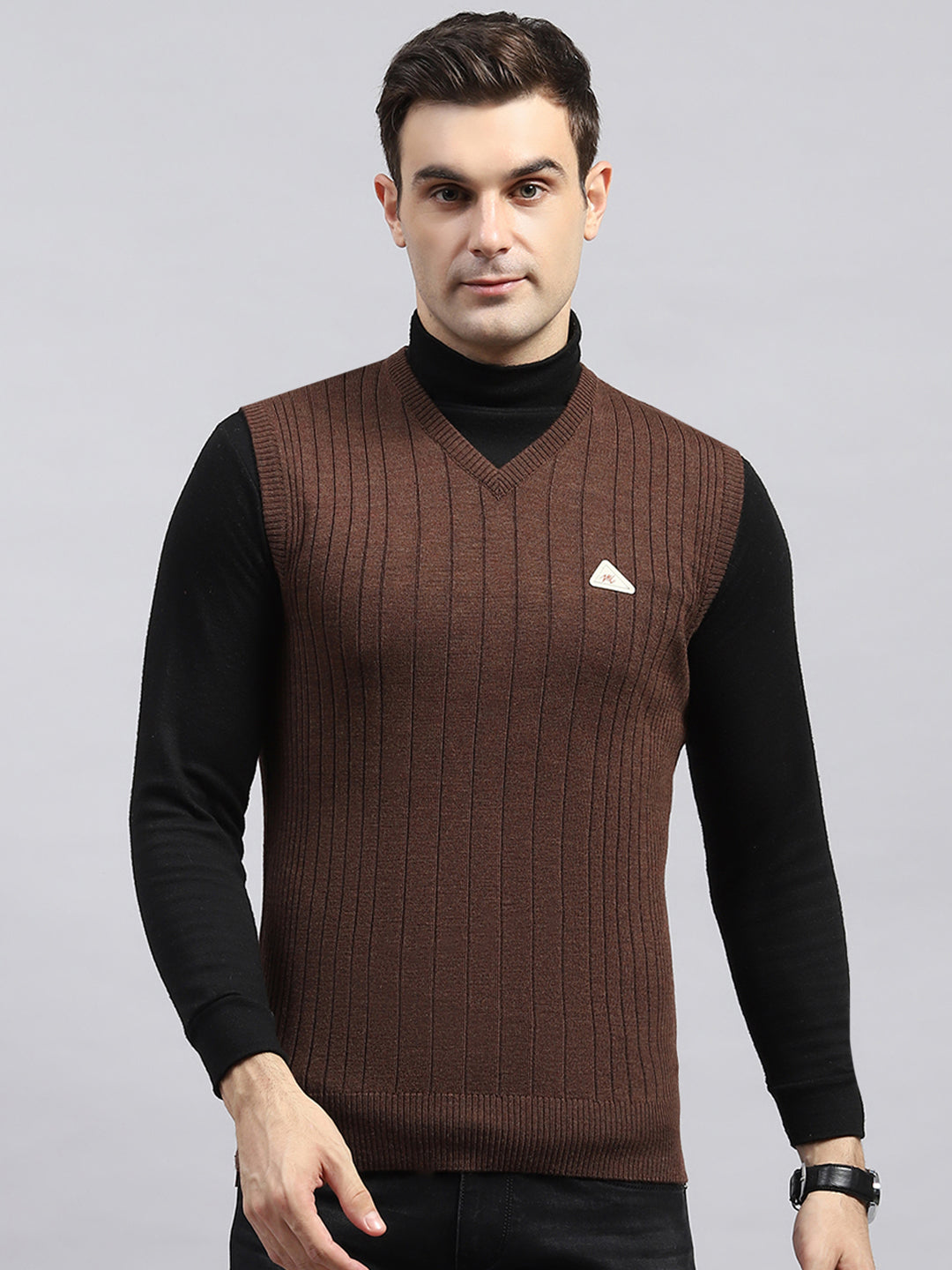 Buy Men Brown Solid V Neck Sleeveless Sweater Online in India - Monte Carlo