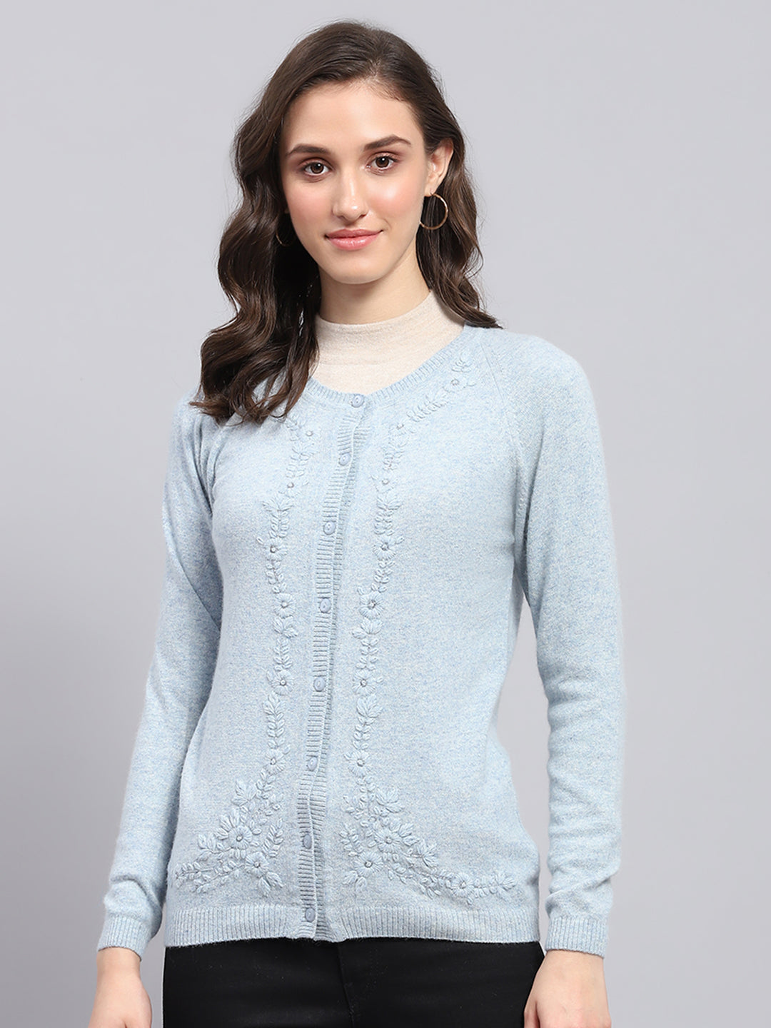 Buy Women Sky Blue Solid Round Neck Full Sleeve Cardigan Online in India - Monte Carlo