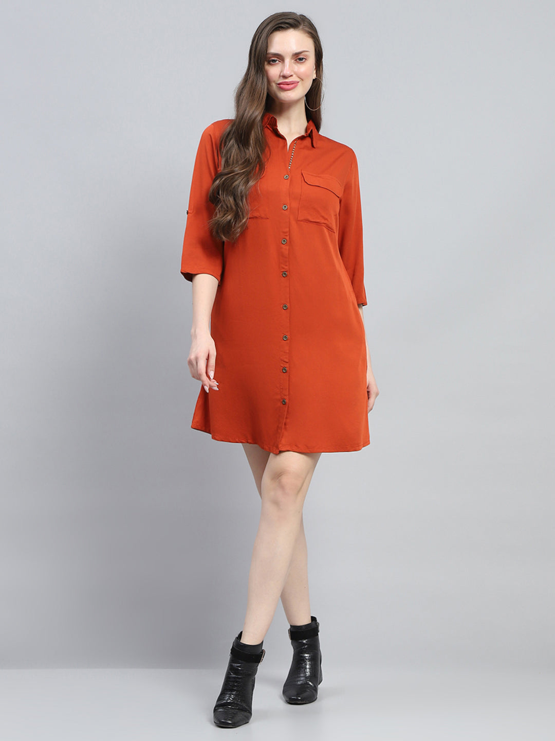 Buy Women Rust Solid Collar 3/4th Sleeve Tunic Online in India - Monte Carlo