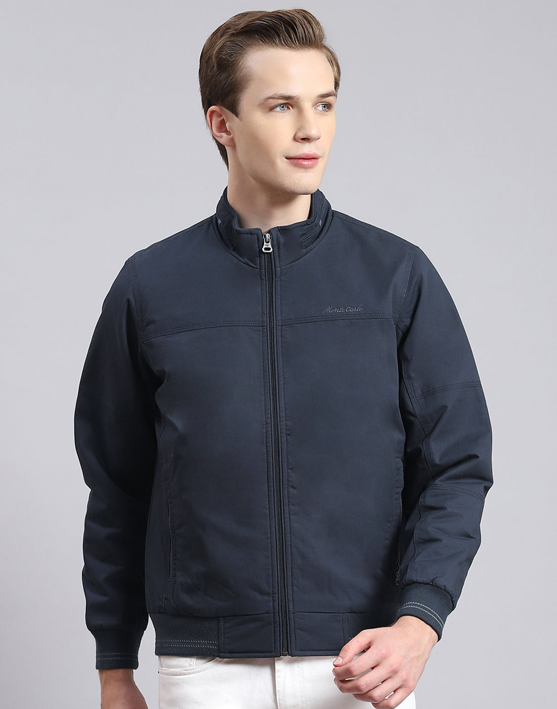 Buy Men Navy Blue Solid Stand Collar Full Sleeve Jacket Online in India - Monte Carlo