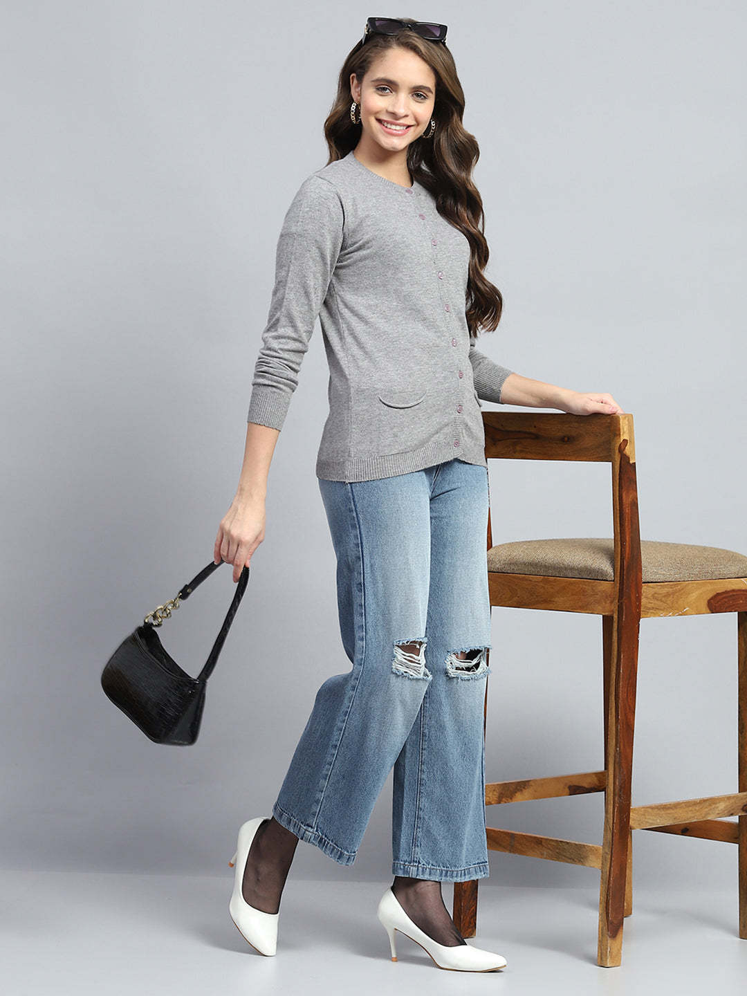 Buy Women Grey Solid Round Neck Full Sleeve Cardigan Online in India ...