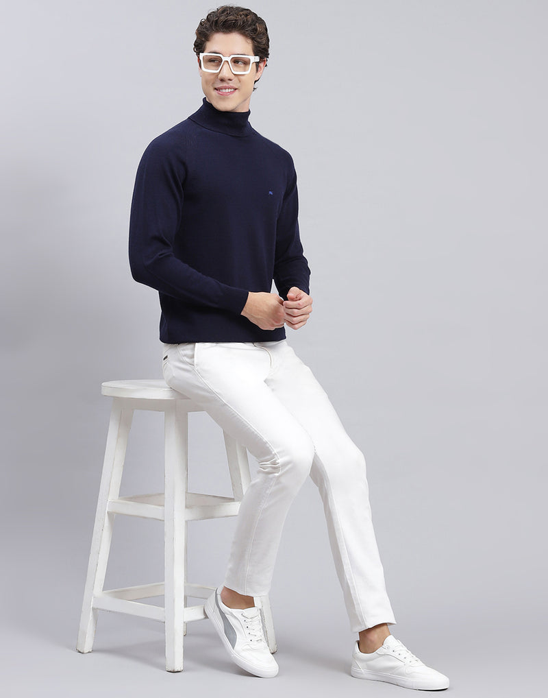 Buy Men Navy Blue Solid High Neck Full Sleeve Pullover Online in India ...