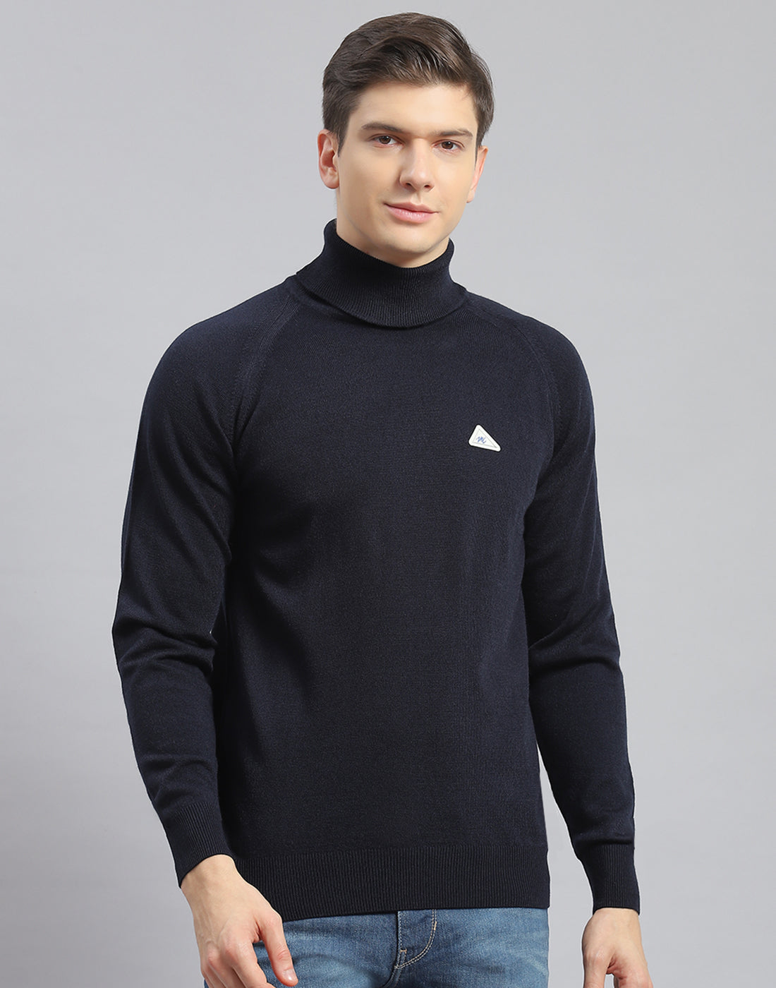 Buy Men Navy Blue Solid High Neck Full Sleeve Pullover Online in India ...