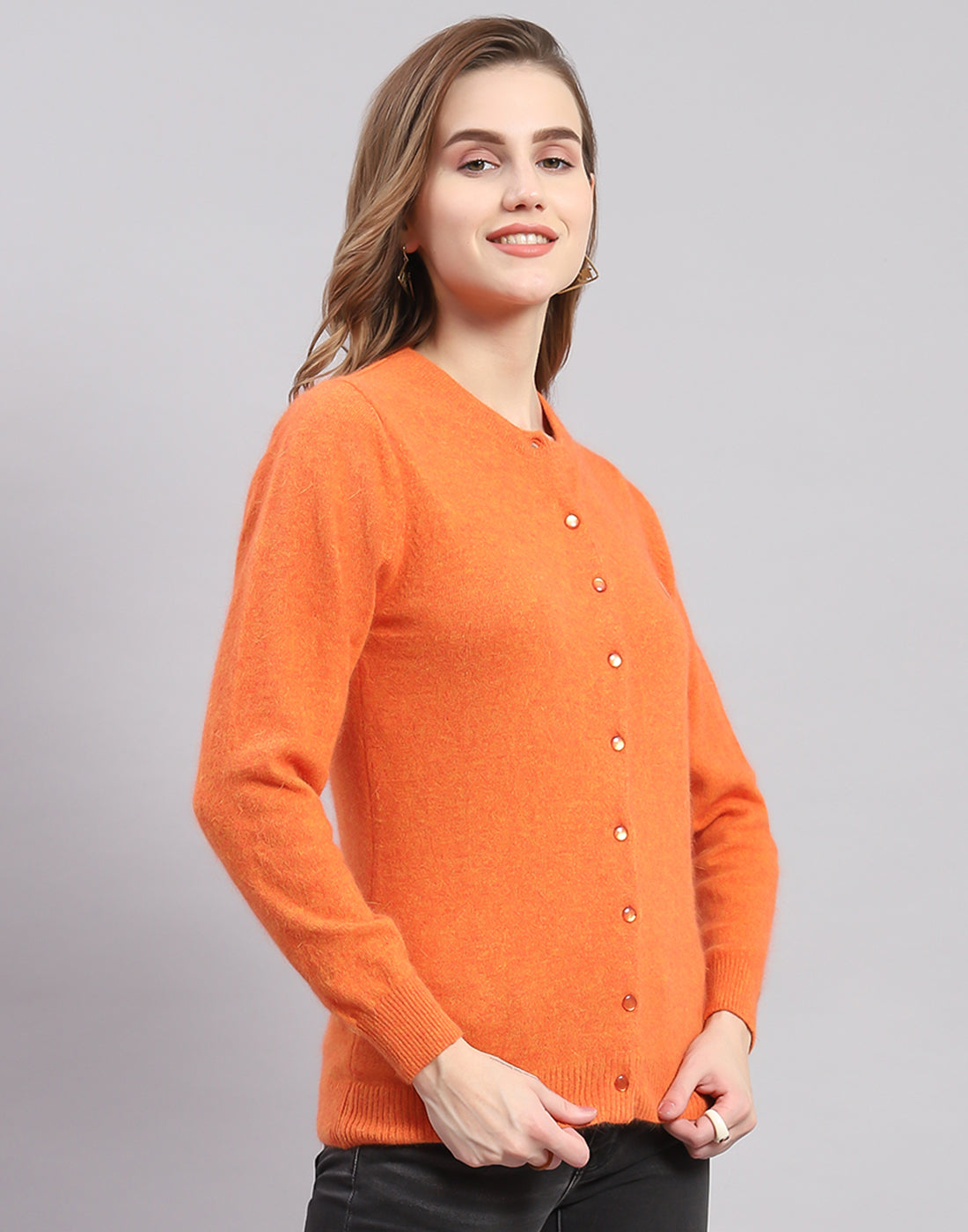 Buy Women Orange Solid Round Neck Full Sleeve Cardigan Online in India ...