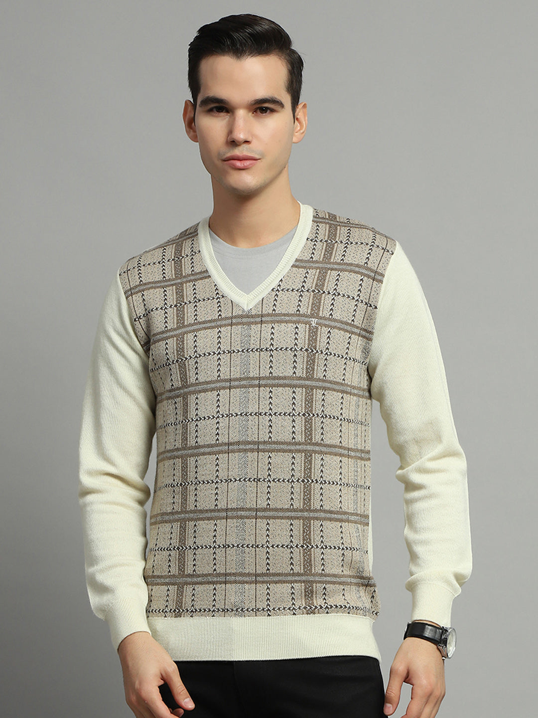 Buy Men Cream Check V Neck Full Sleeve Pullover Online in India - Luxuria