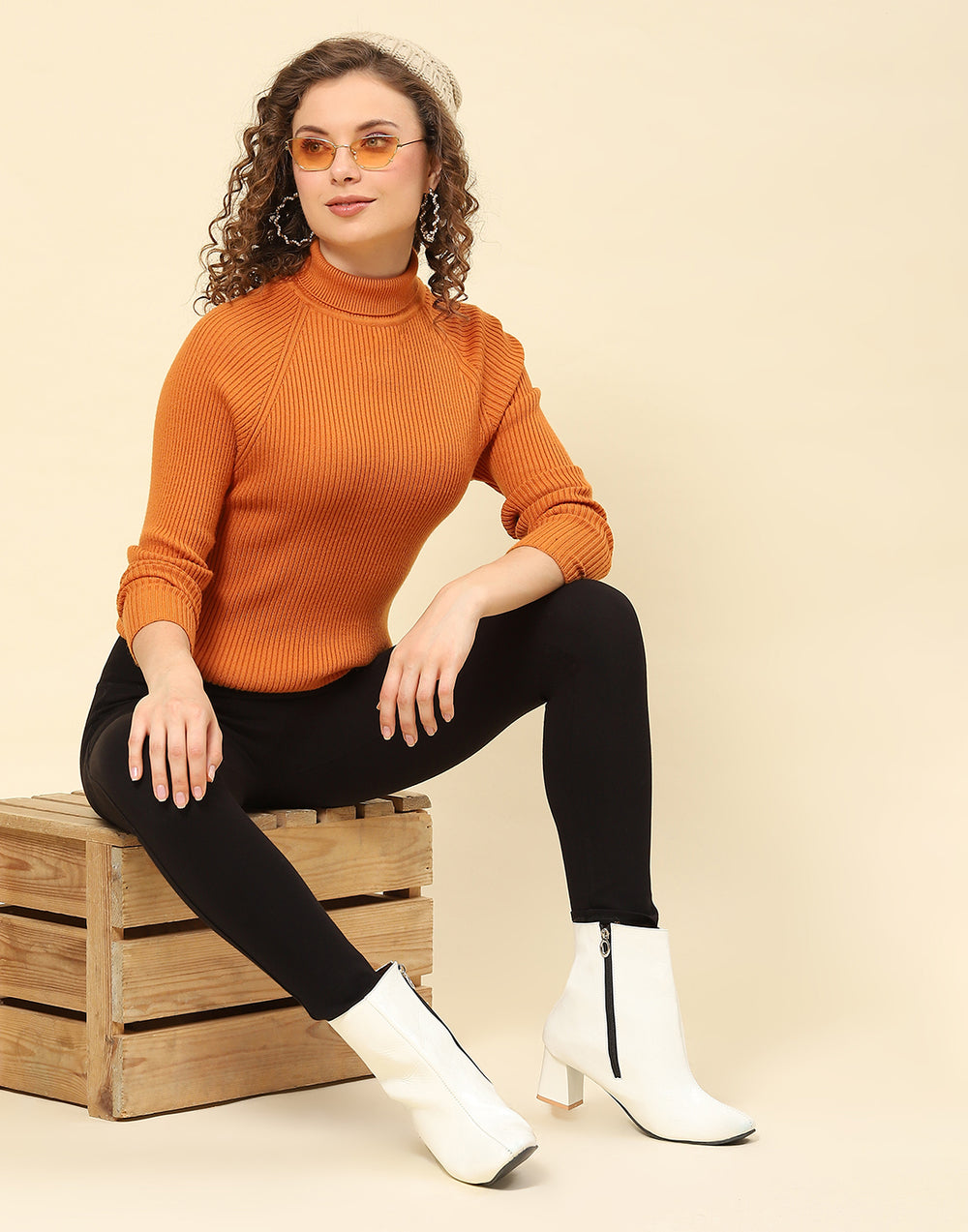 Buy Women Mustard Solid High Neck Full Sleeve Sweater Online in India ...