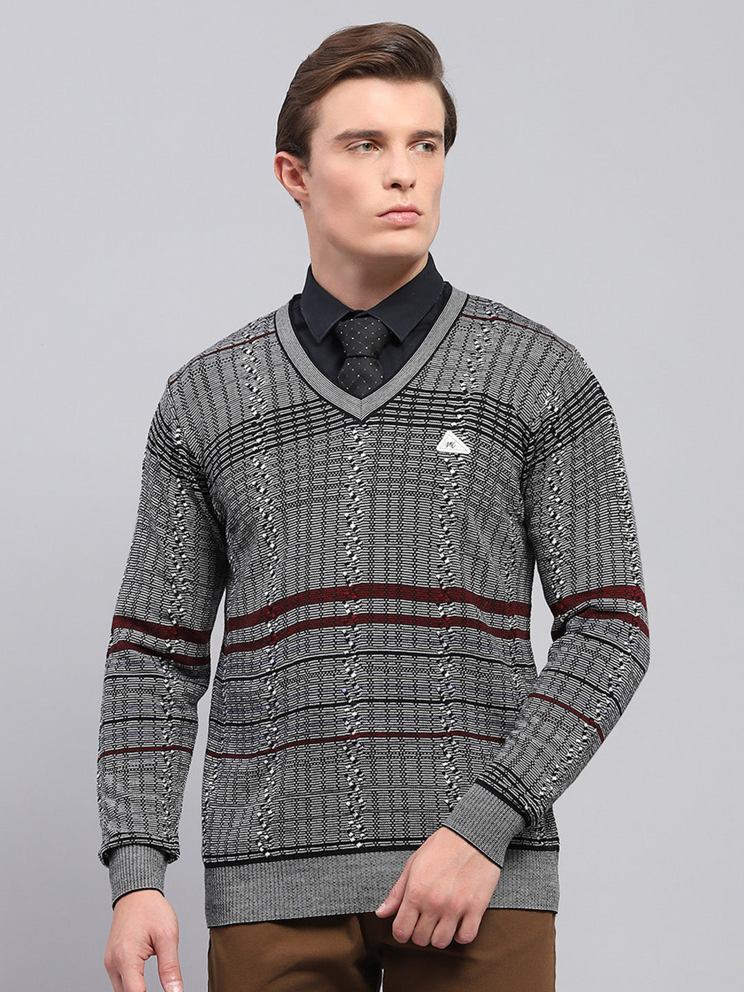 Buy Men Grey Self Design V Neck Full Sleeve Pullover Online in India ...