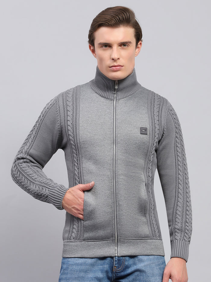 Buy Men Grey Self Design Mock Neck Full Sleeve Pullover Online in India ...