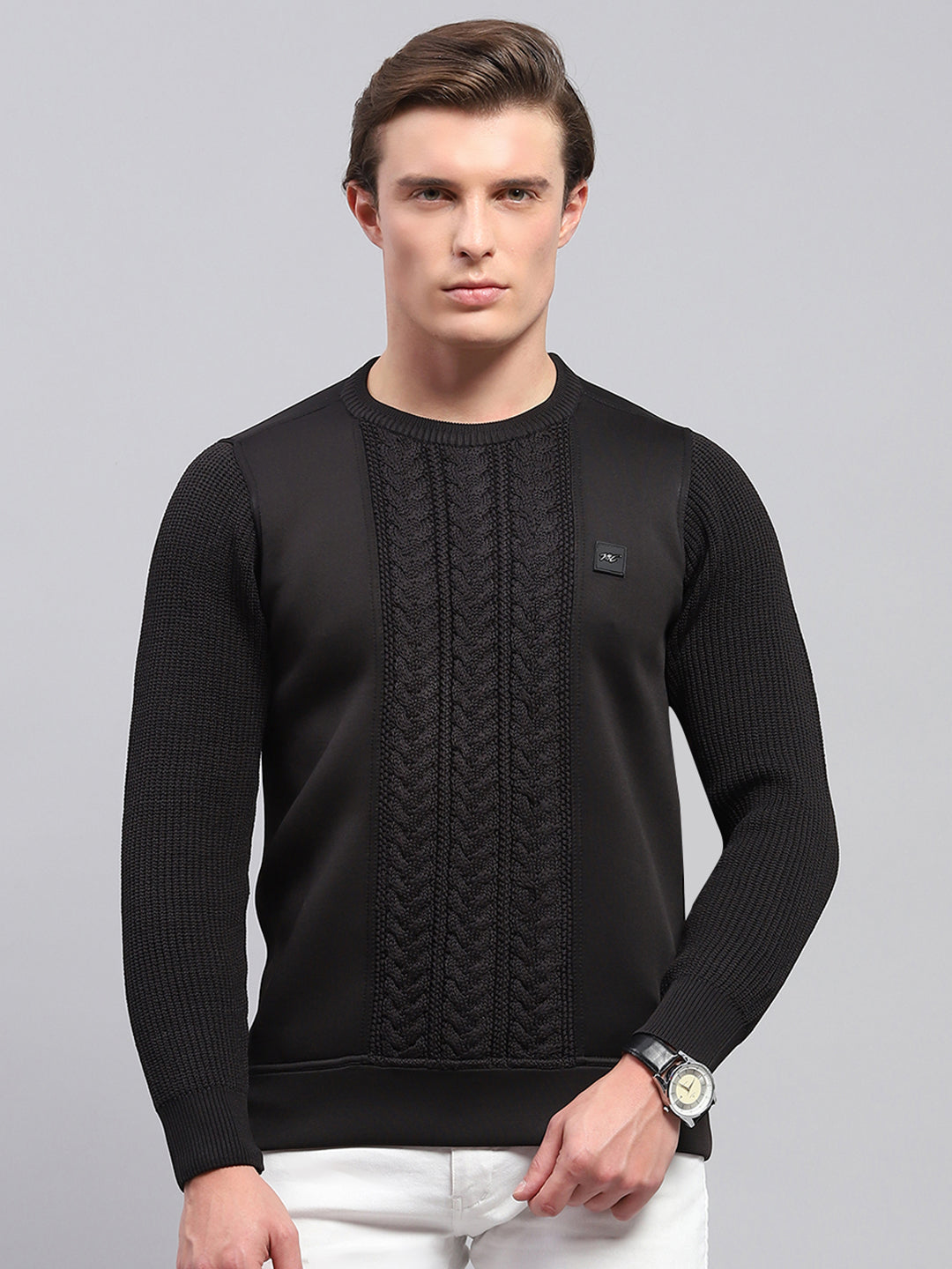 Buy Men Black Self Design Round Neck Full Sleeve Pullover Online in ...