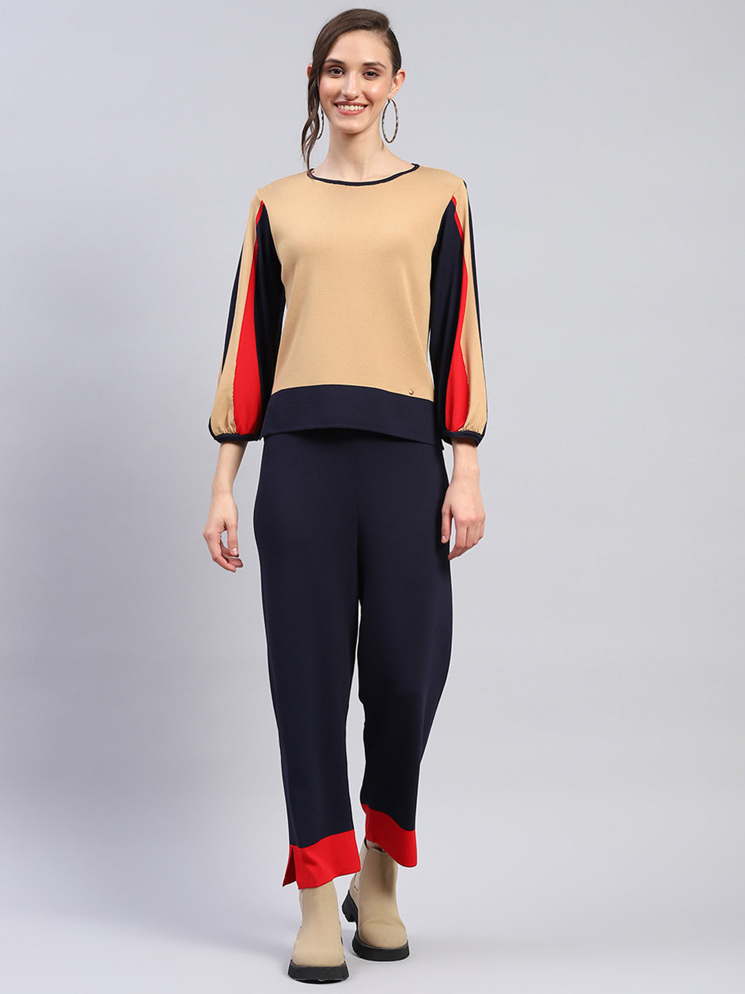 Buy Women Beige Solid Round Neck Full Sleeve Cords Set Online in India ...