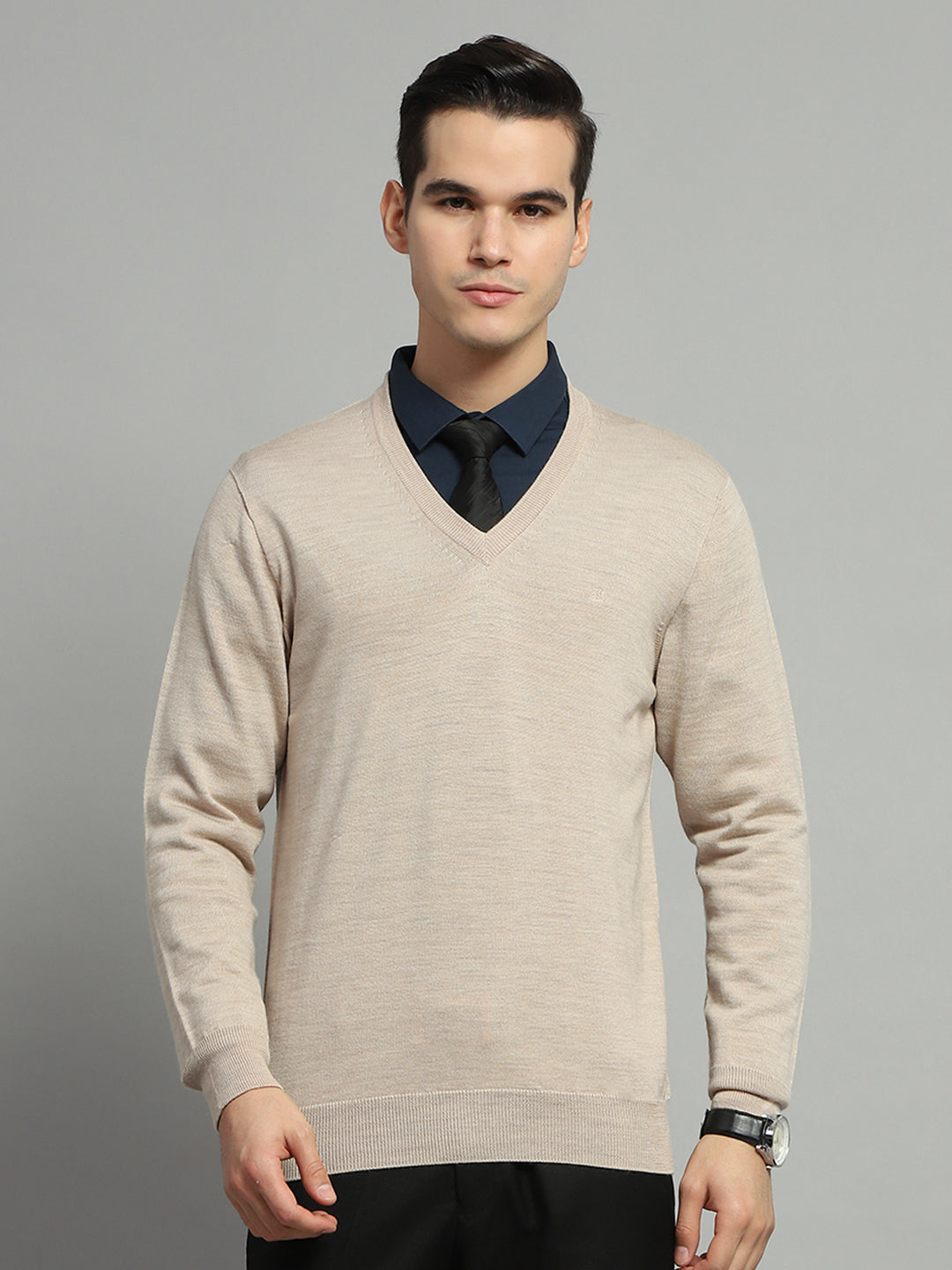 Buy Men Beige Solid V Neck Full Sleeve Pullover Online in India - Luxuria