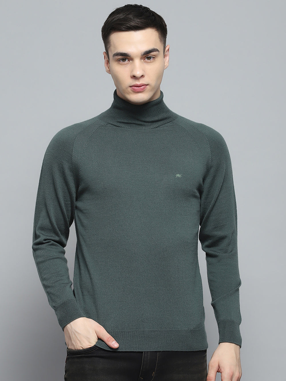 Buy Men Olive Solid High Neck Full Sleeve Pullover Online in India ...