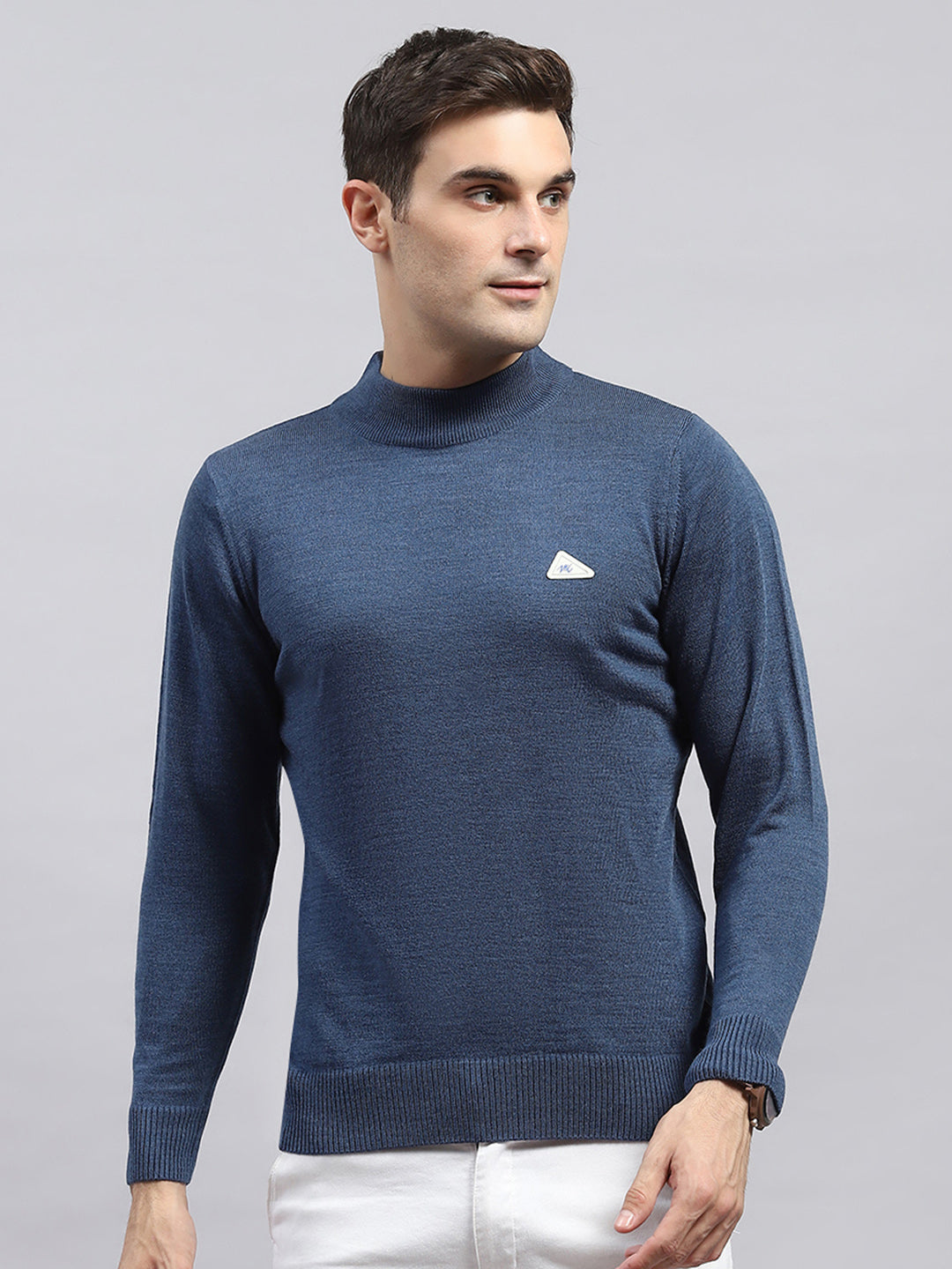 Buy Men Blue Solid High Neck Full Sleeve Pullover Online in India ...