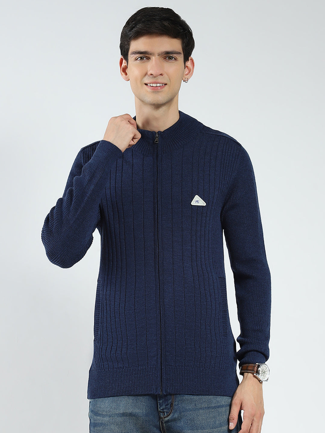 Buy Men Navy Blue Solid Band Neck Full Sleeve Pullover Online in India ...