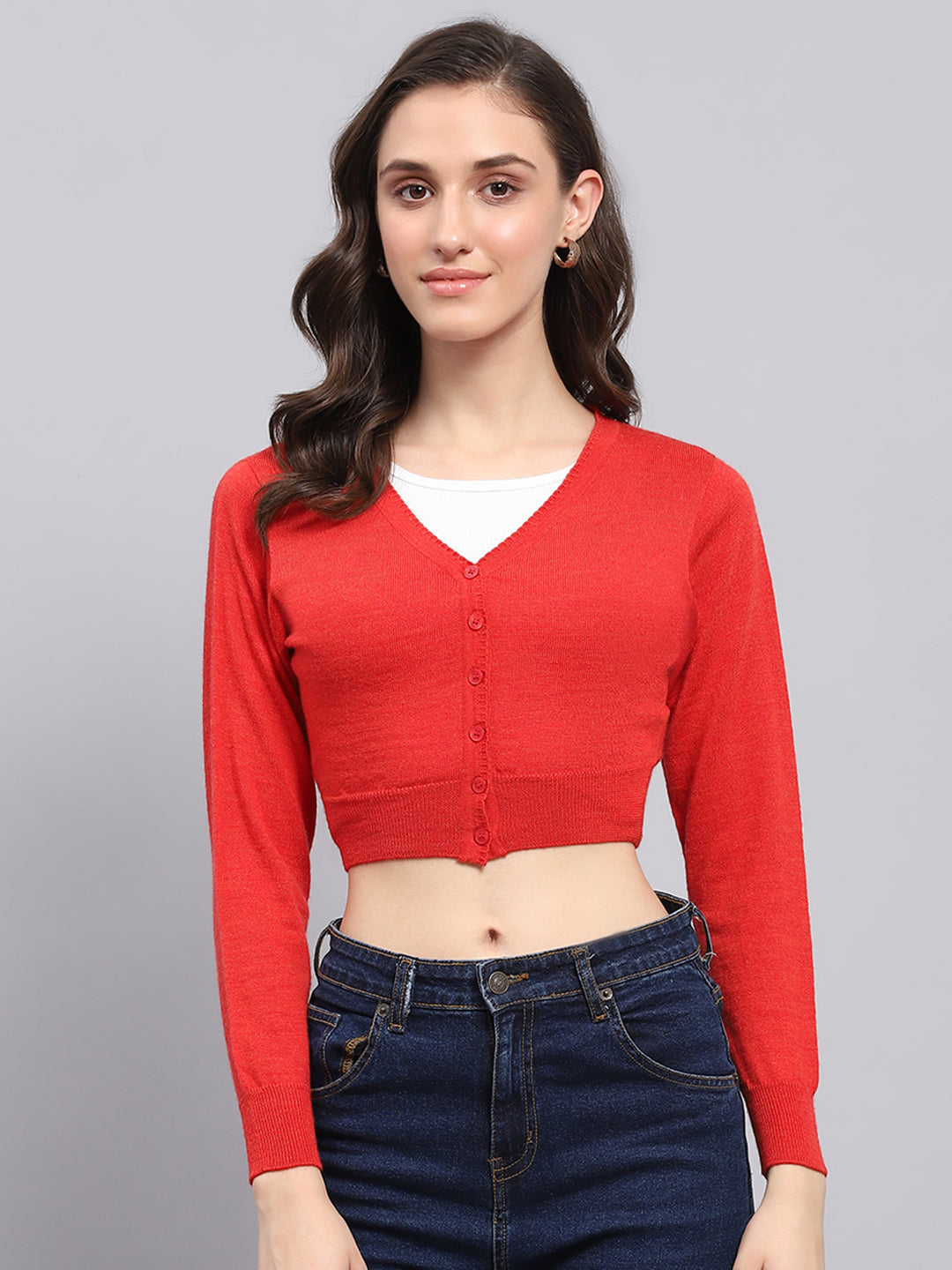 Buy Women Red Solid V Neck Full Sleeve Blouse Online in India - Monte Carlo