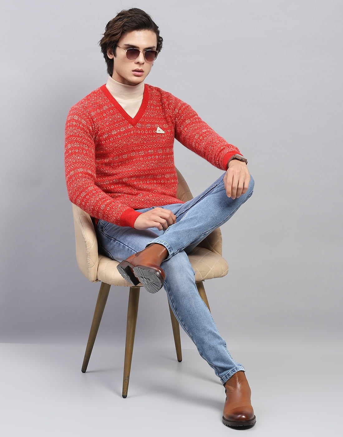 Buy Men Red Self Design V Neck Full Sleeve Pullover Online in India ...