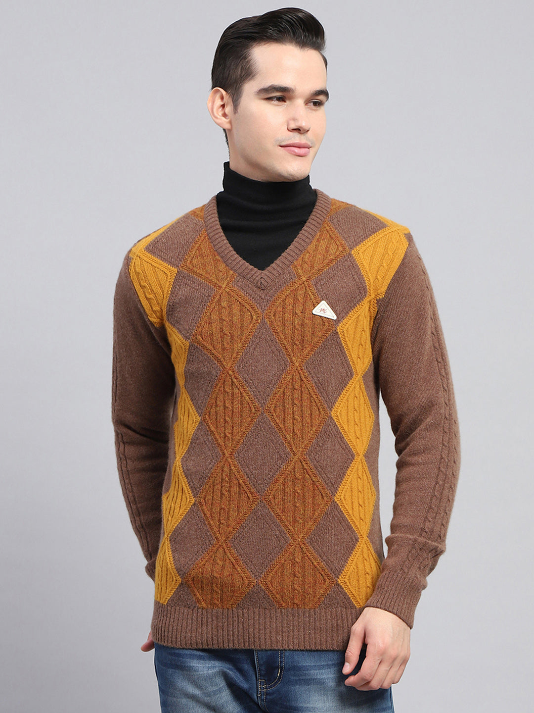 Buy Men Brown Self Design V Neck Full Sleeve Pullover Online in India ...