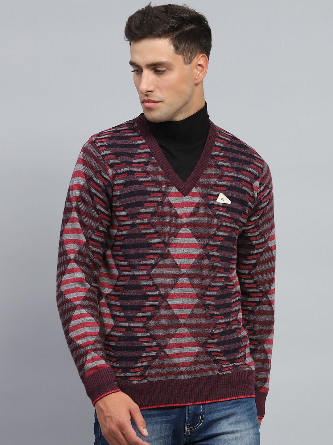 Buy Men Maroon Stripe V Neck Full Sleeve Pullover Online in India ...