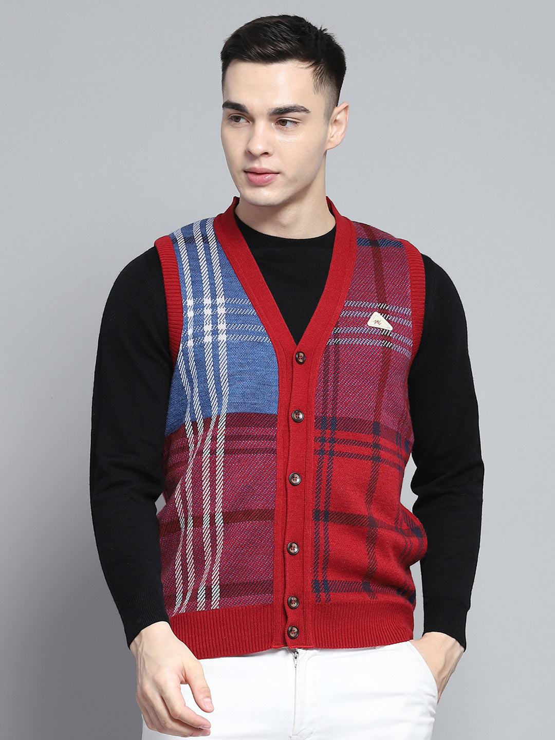 Buy Men Red Self Design V Neck Sleeveless Cardigan Online in India ...