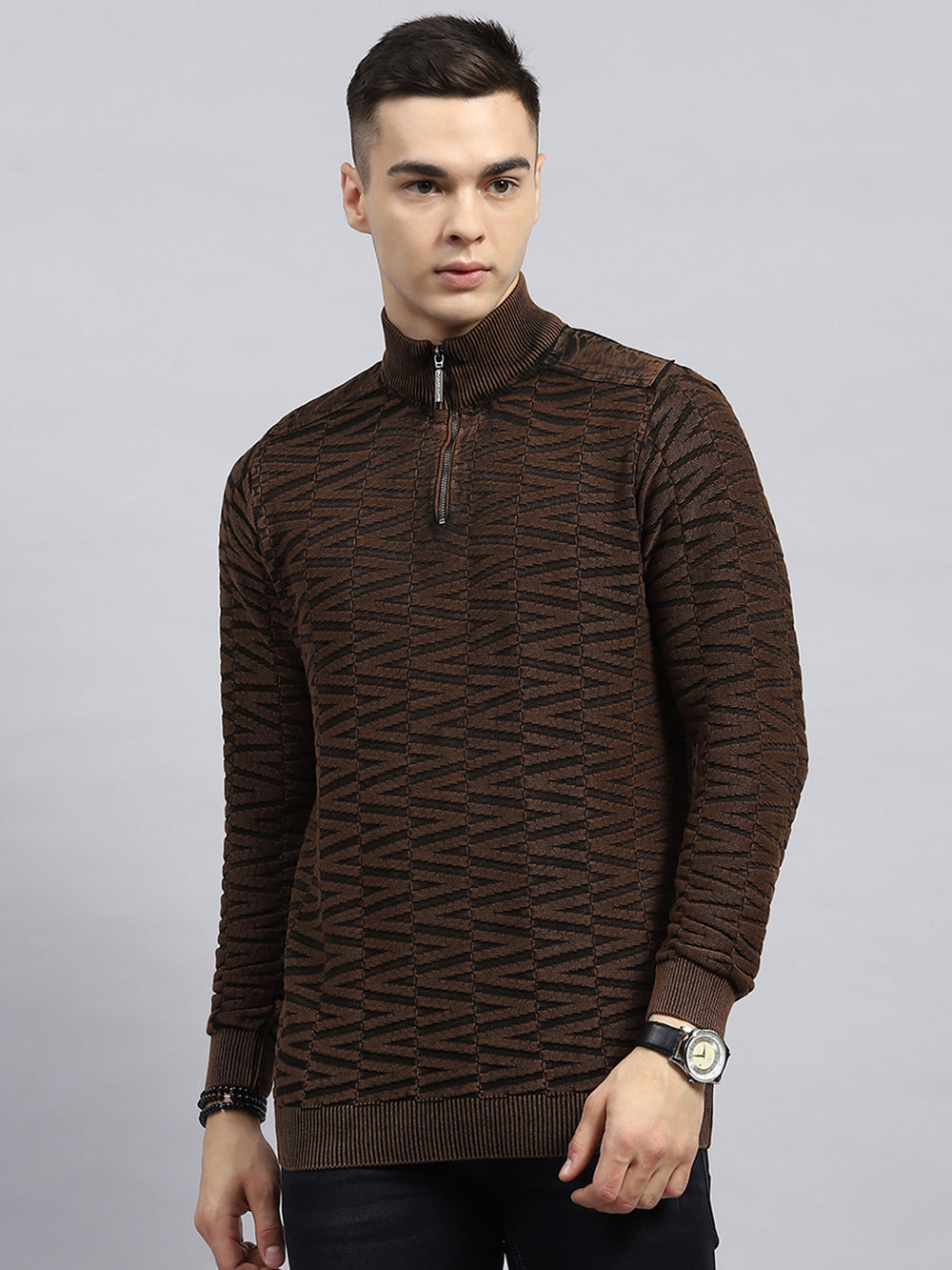 Buy Men Brown Self Design High Neck Full Sleeve Pullover Online in ...