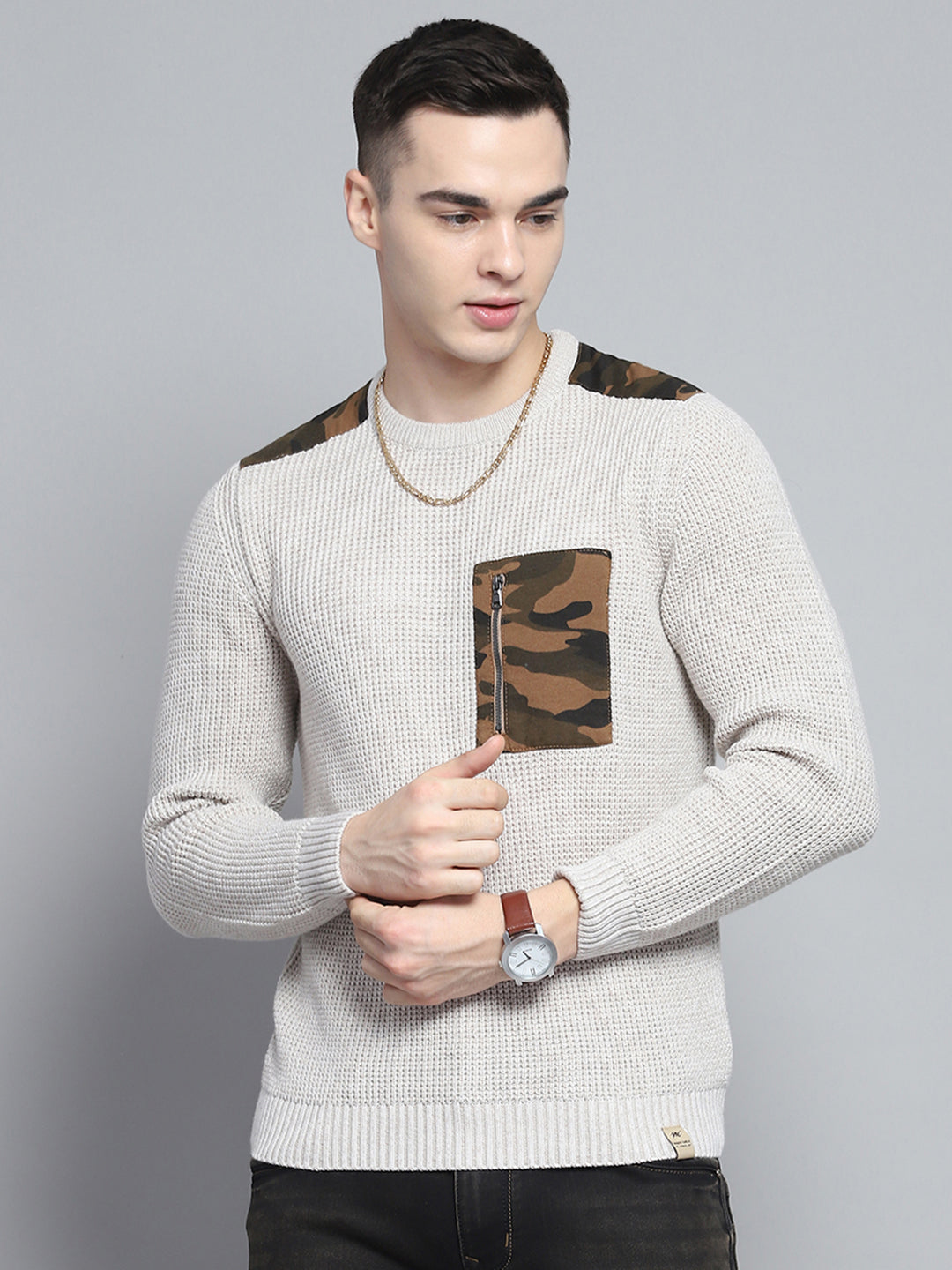 Buy Men Beige Self Design Round Neck Full Sleeve Pullover Online in ...