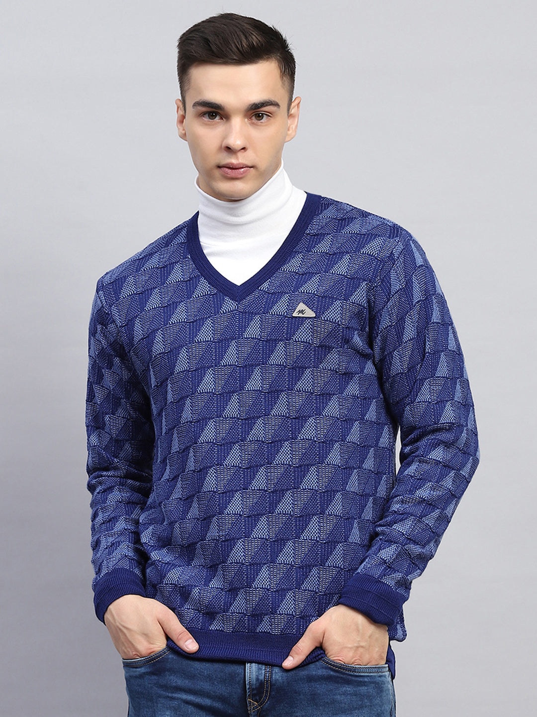 Buy Men Blue Self Design V Neck Full Sleeve Pullover Online in India ...