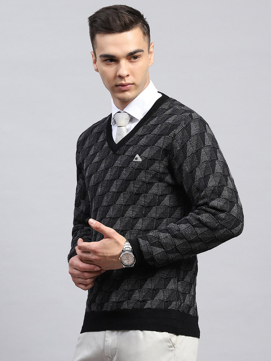 Buy Men Black Self Design V Neck Full Sleeve Pullover Online in India ...