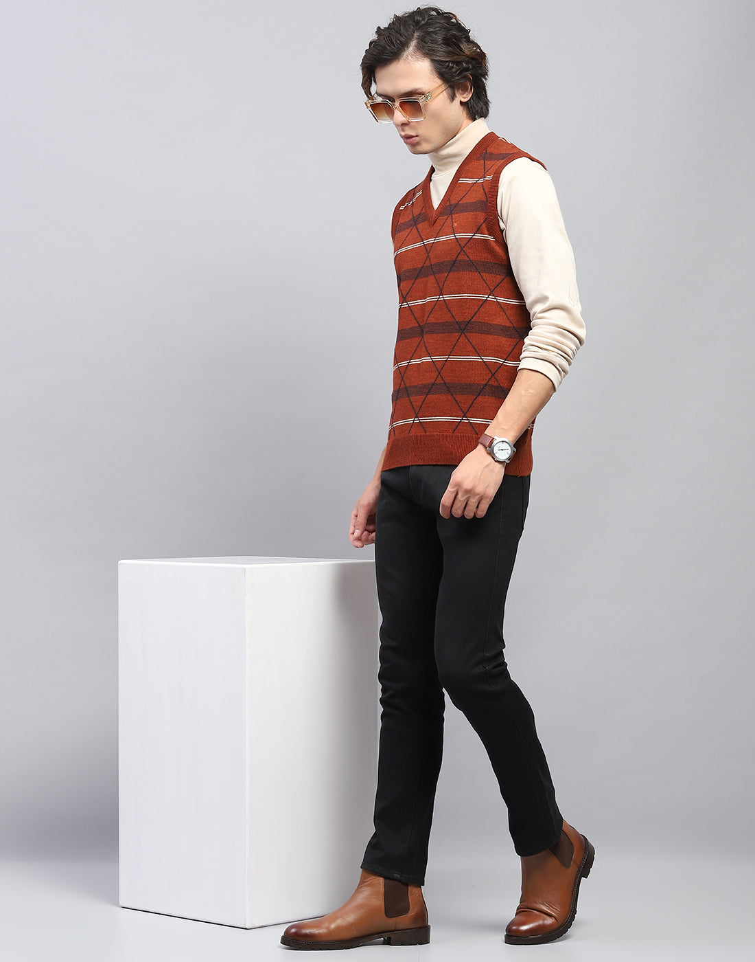 Buy Men Rust Self Design V Neck Sleeveless Sweater Online in India ...