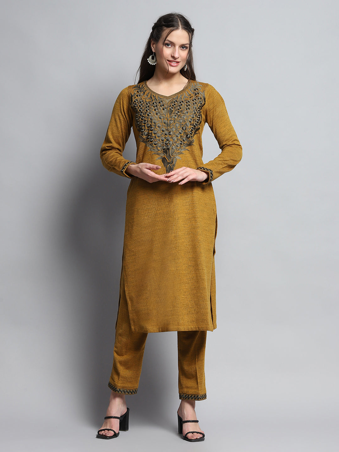 Buy Women Mustard Self Design Round Neck Full Sleeve Kurti Set for ...