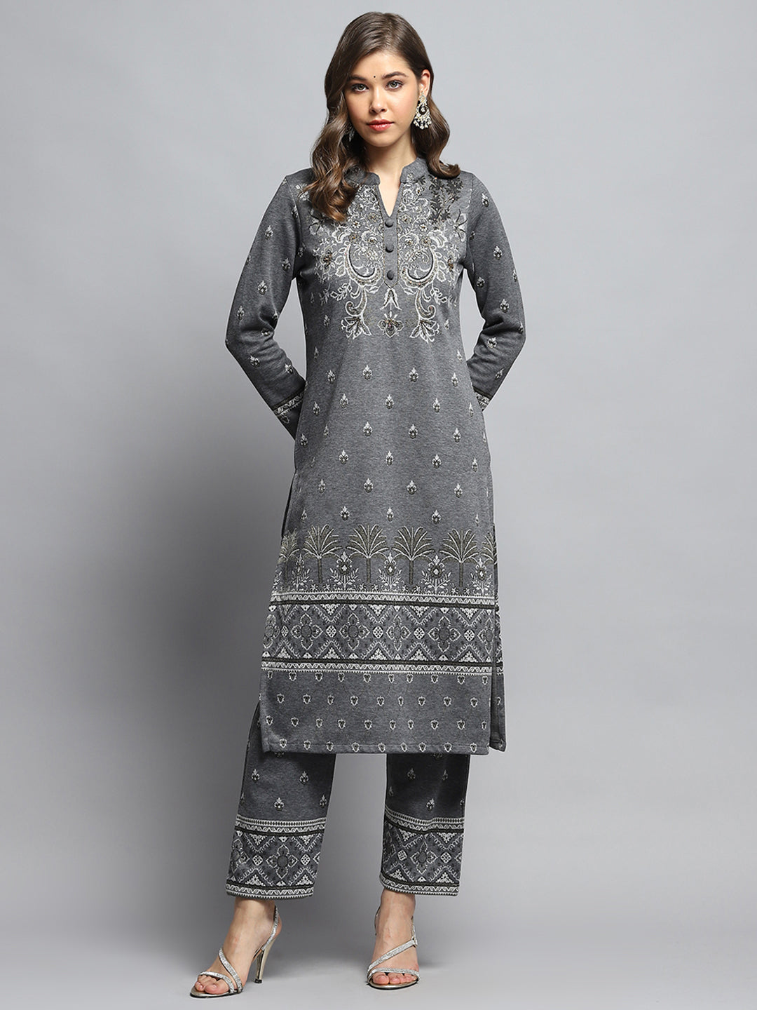 Buy Women Grey Self Design Mandarin Collar Full Sleeve Kurti Set Online ...