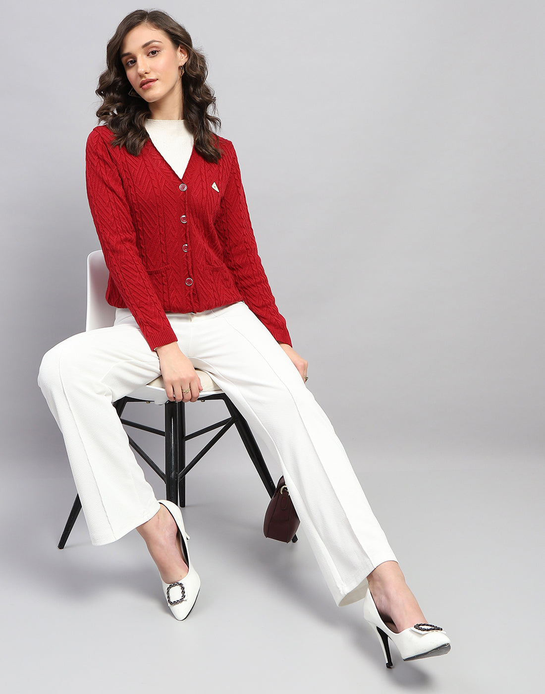 Buy Women Red Self Design V Neck Full Sleeve Cardigan Online in India ...