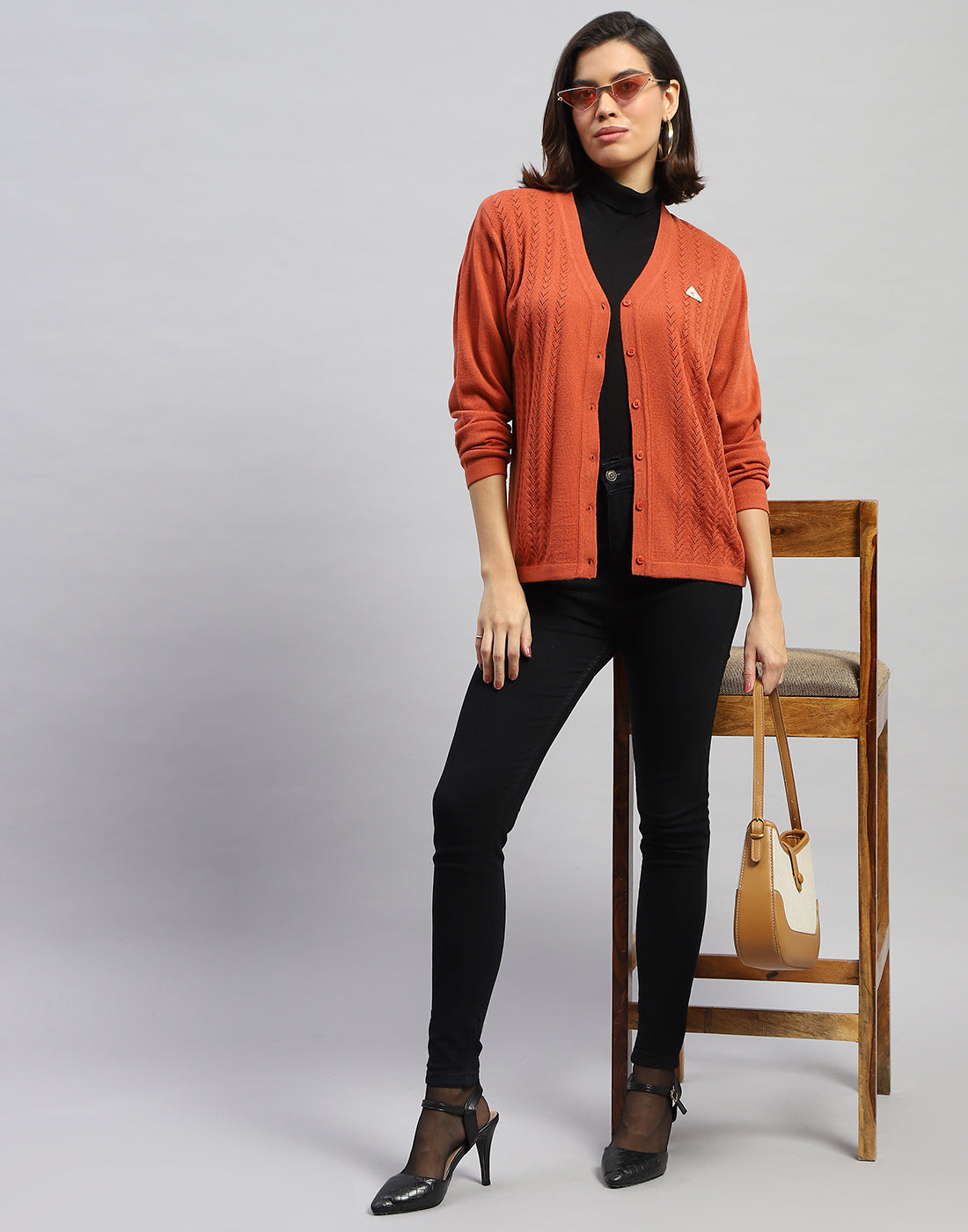 Buy Women Orange Self Design V Neck Full Sleeve Cardigan Online in ...
