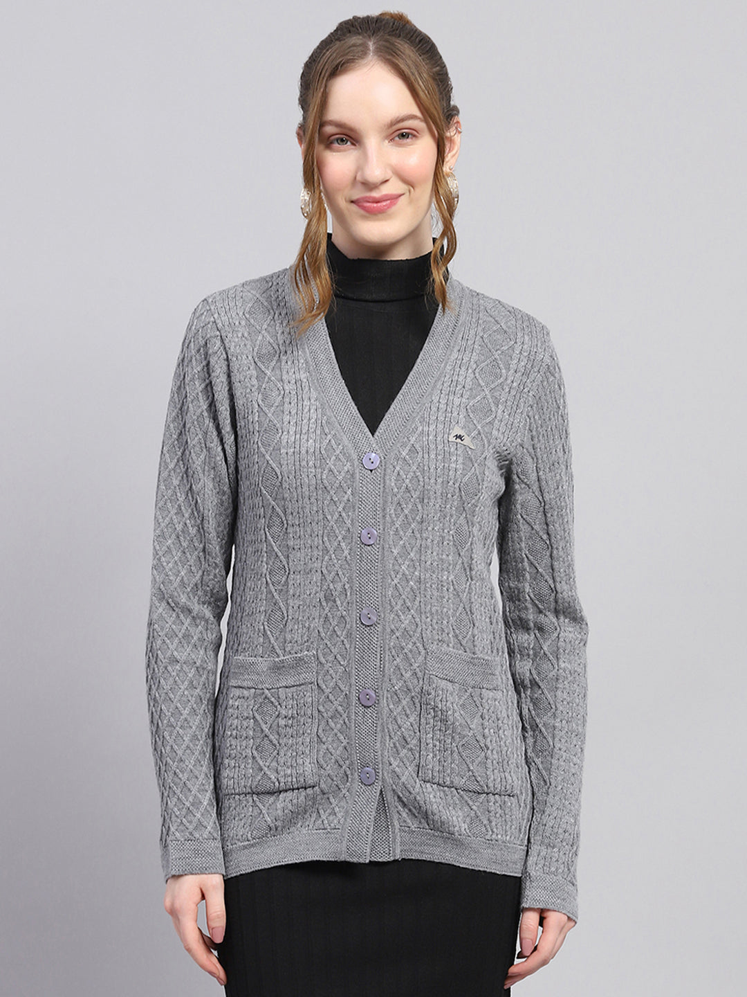 Buy Women Grey Self Design V Neck Full Sleeve Cardigan Online in India ...