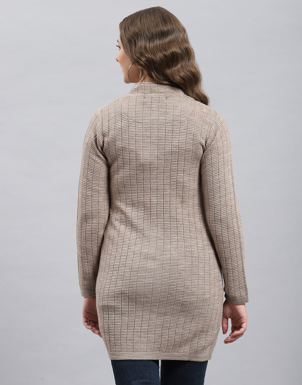 Buy Women Beige Self Design Round Neck Full Sleeve Knitted coat Online ...