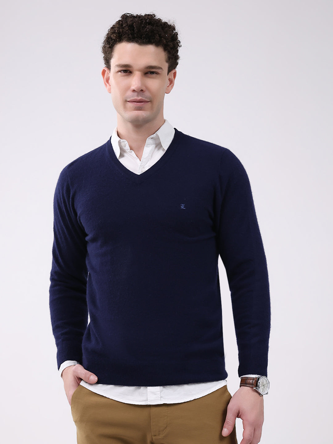 Buy Luxuria Men Navy Blue Solid V Neck Full Sleeve Pullover Online in ...