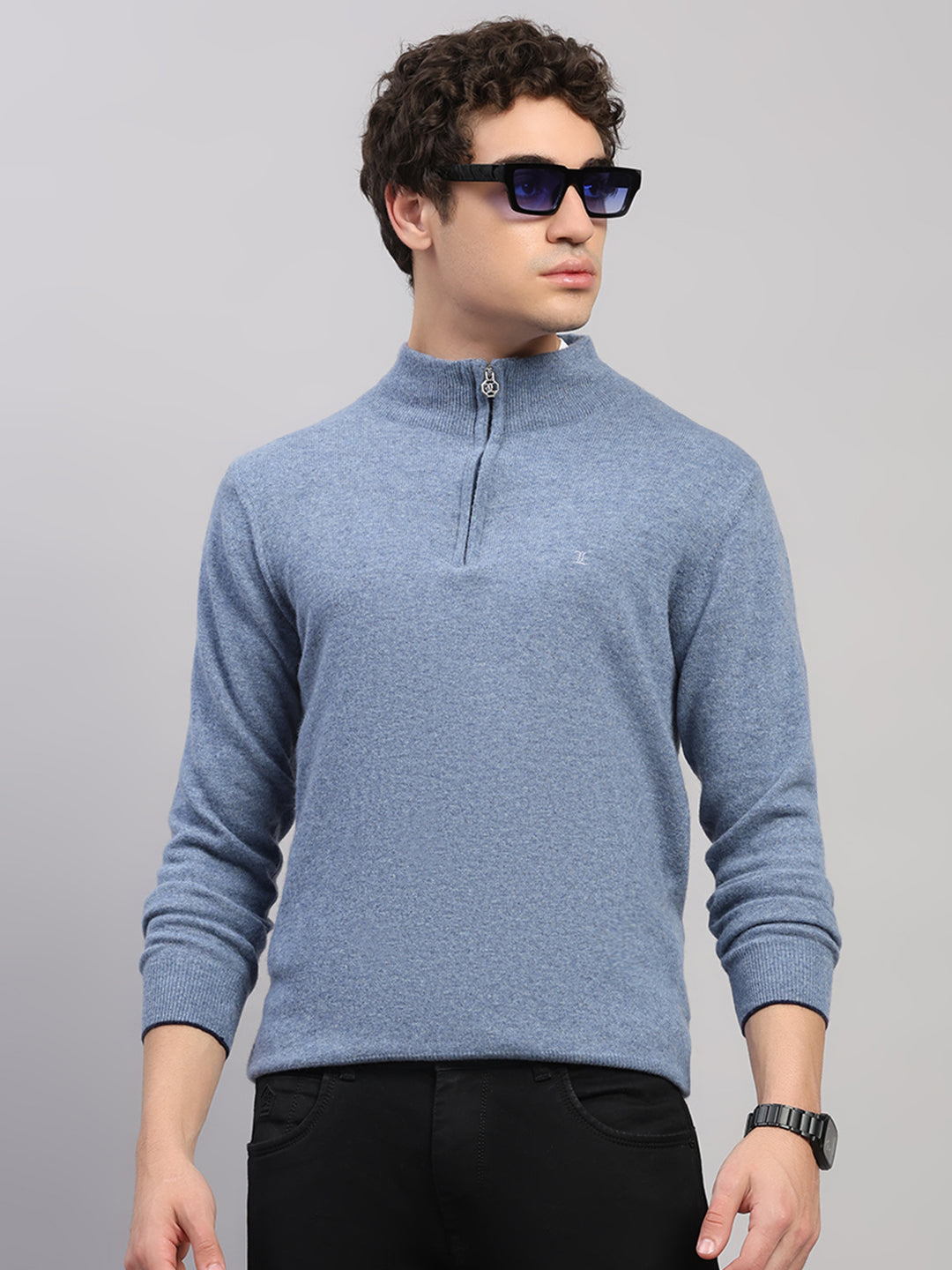Buy Luxuria Men Blue Solid Collar Full Sleeve Pullover Online in India ...