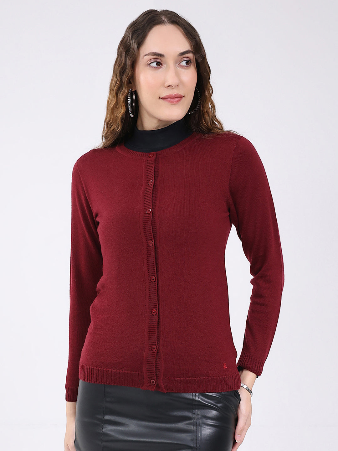 Buy Luxuria Women Maroon Solid Round Neck Full Sleeve Cardigan Online ...