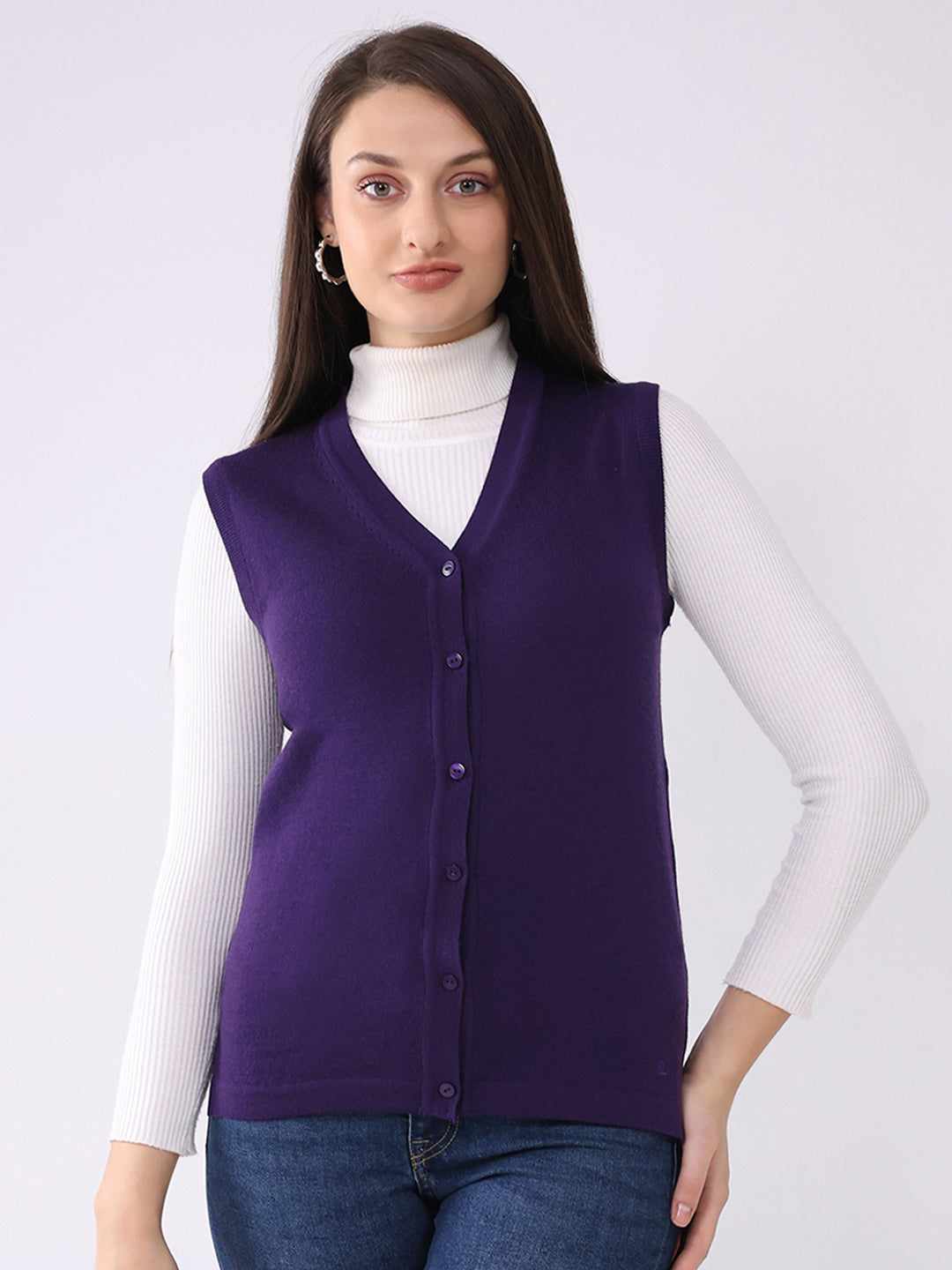 Buy Luxuria Women Purple Solid V Neck Sleeveless Cardigan Online in ...