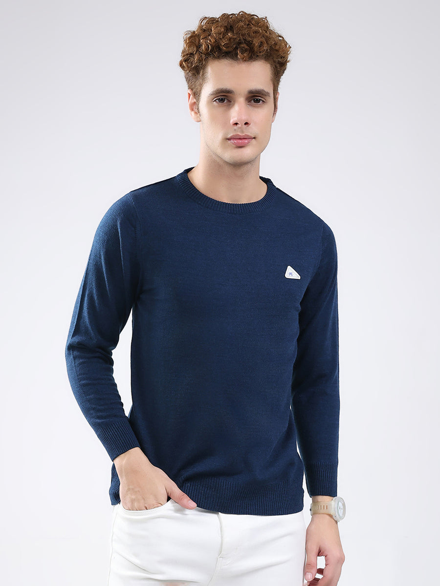 Buy Men Blue Solid Round Neck Full Sleeve Pullover Online in India ...