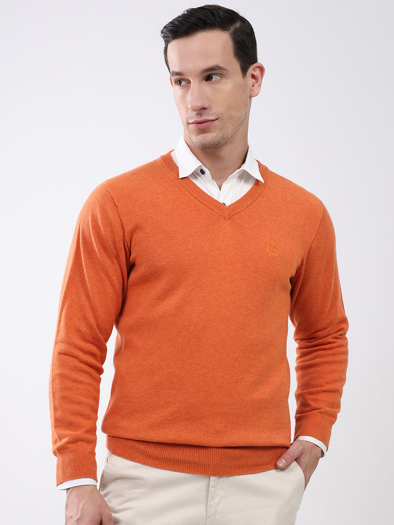 Buy Men Orange Solid V Neck Full Sleeve Pullover Online in India ...