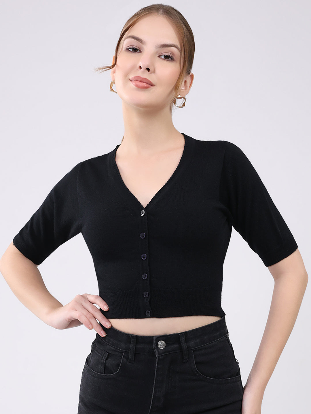 Buy Women Black Solid Front Open Half Sleeve Cardigan Online in India ...