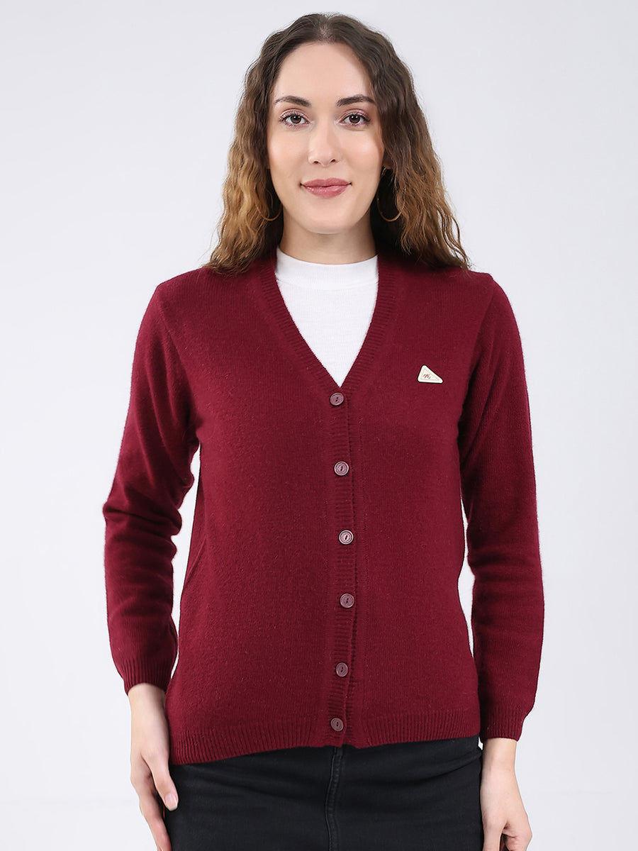 Buy Women Maroon Solid V Neck Full Sleeve Cardigan Online in India ...