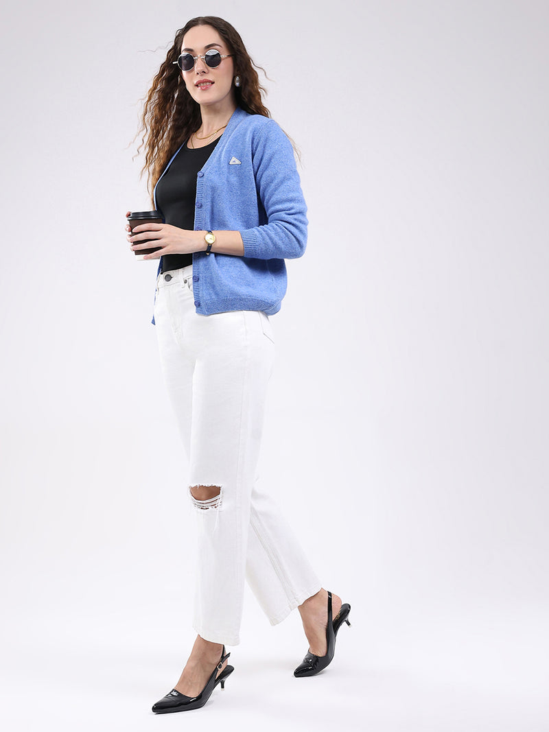 Buy Women Light Blue Solid V Neck Full Sleeve Cardigan Online in India ...