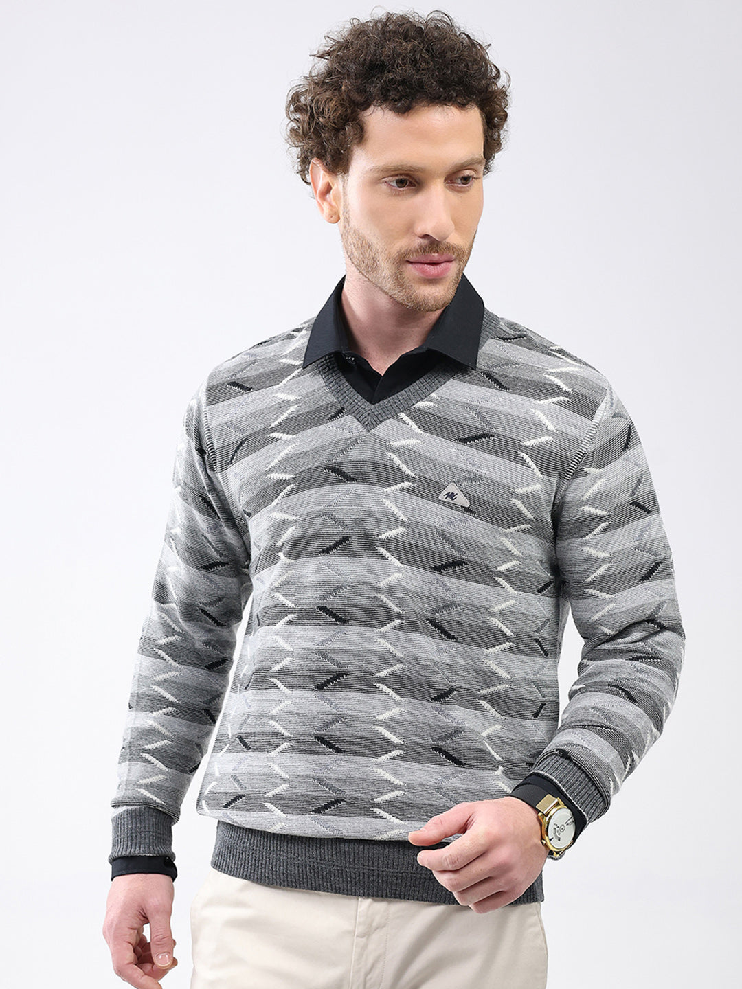 Buy Men Grey Abstract V Neck Full Sleeve Pullover Online in India ...