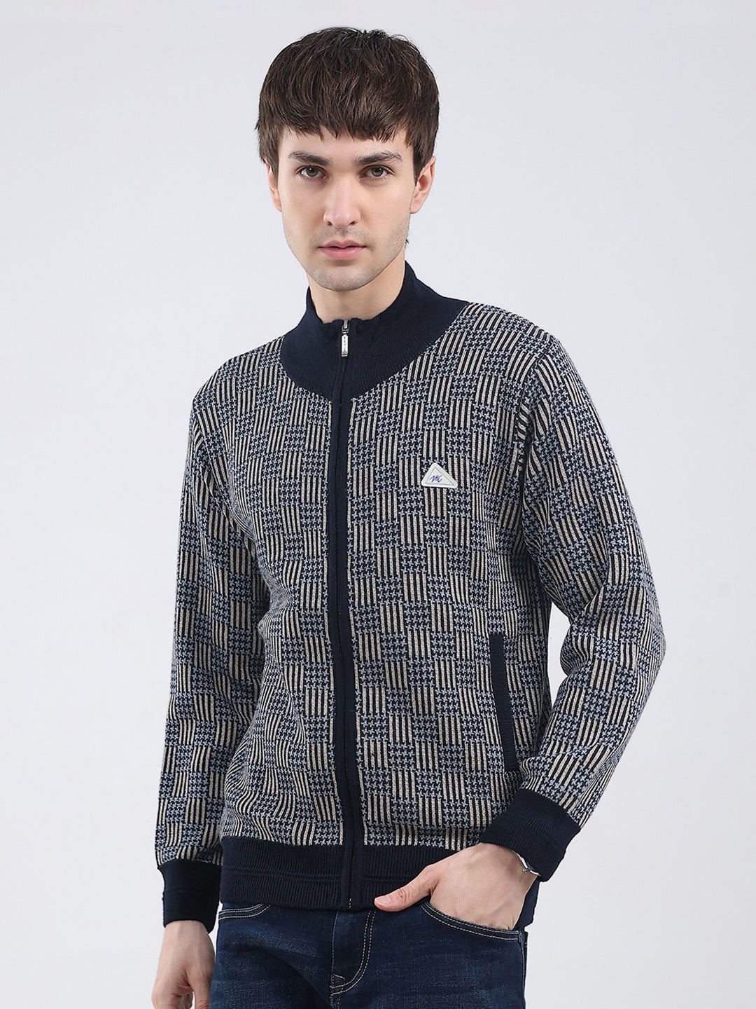 Buy Men Navy Blue Self Design Mock Neck Full Sleeve Pullover Online in ...