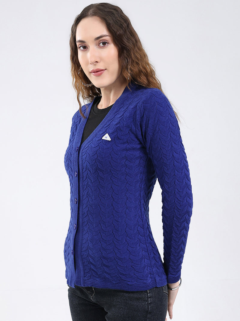 Buy Women Blue Self Design V Neck Full Sleeve Cardigan Online in India ...
