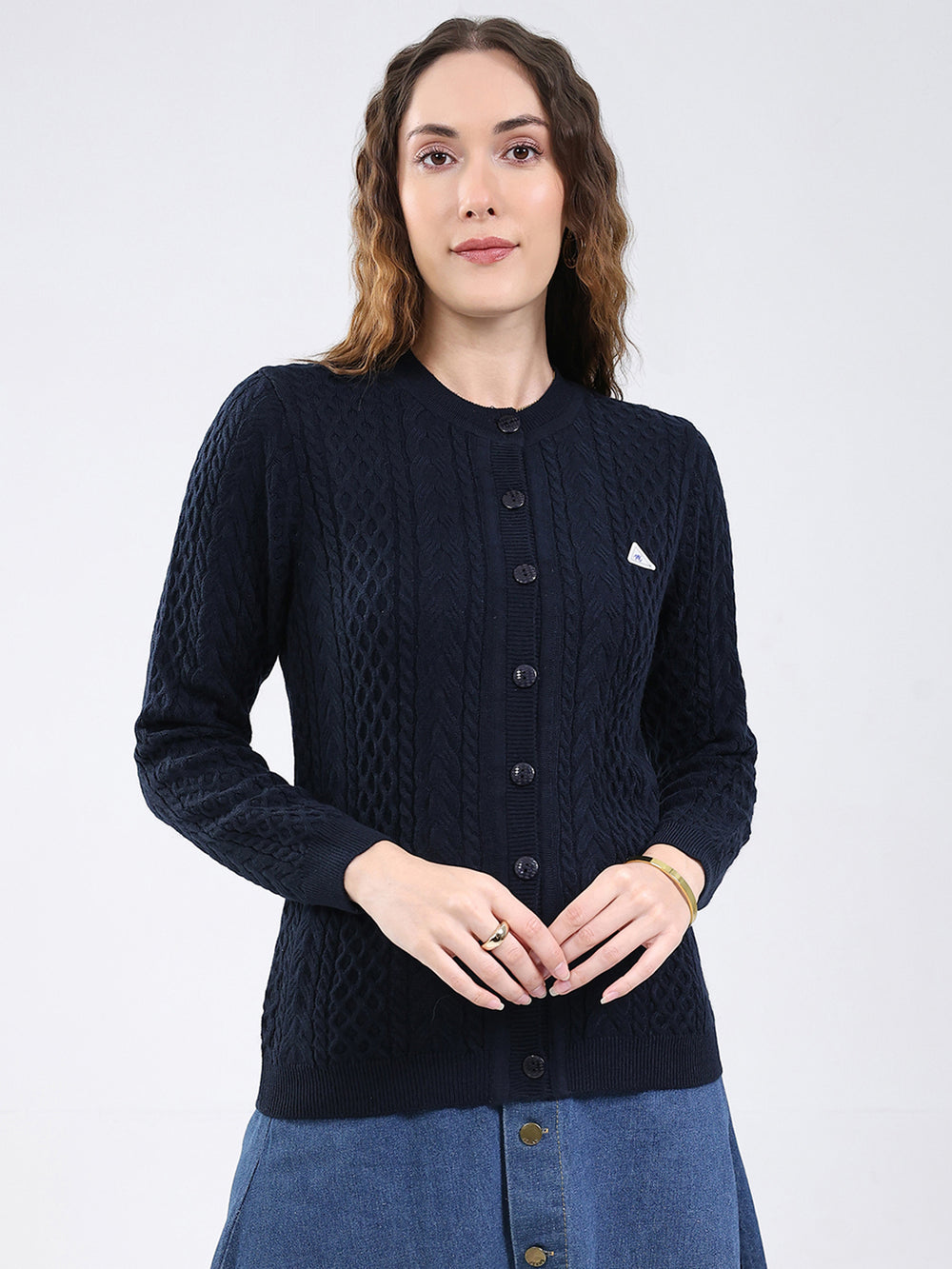 Buy Women Navy Blue Self Design Round Neck Full Sleeve Cardigan Online ...