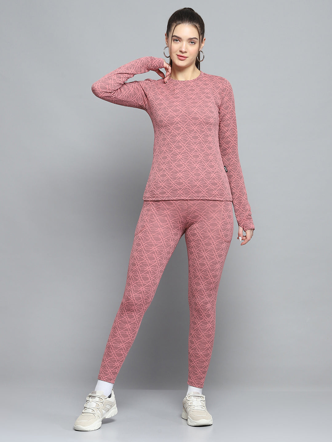 Buy Women Peach Self Design Round Neck Full Sleeve Tracksuit Online in ...