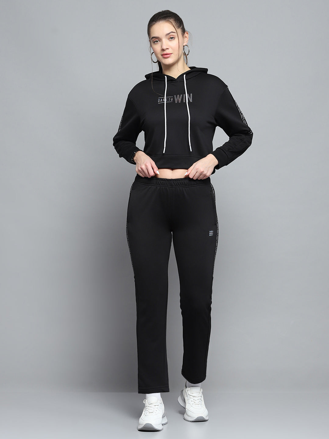 Buy Women Black Printed Hooded Full Sleeve Tracksuit Online in India ...