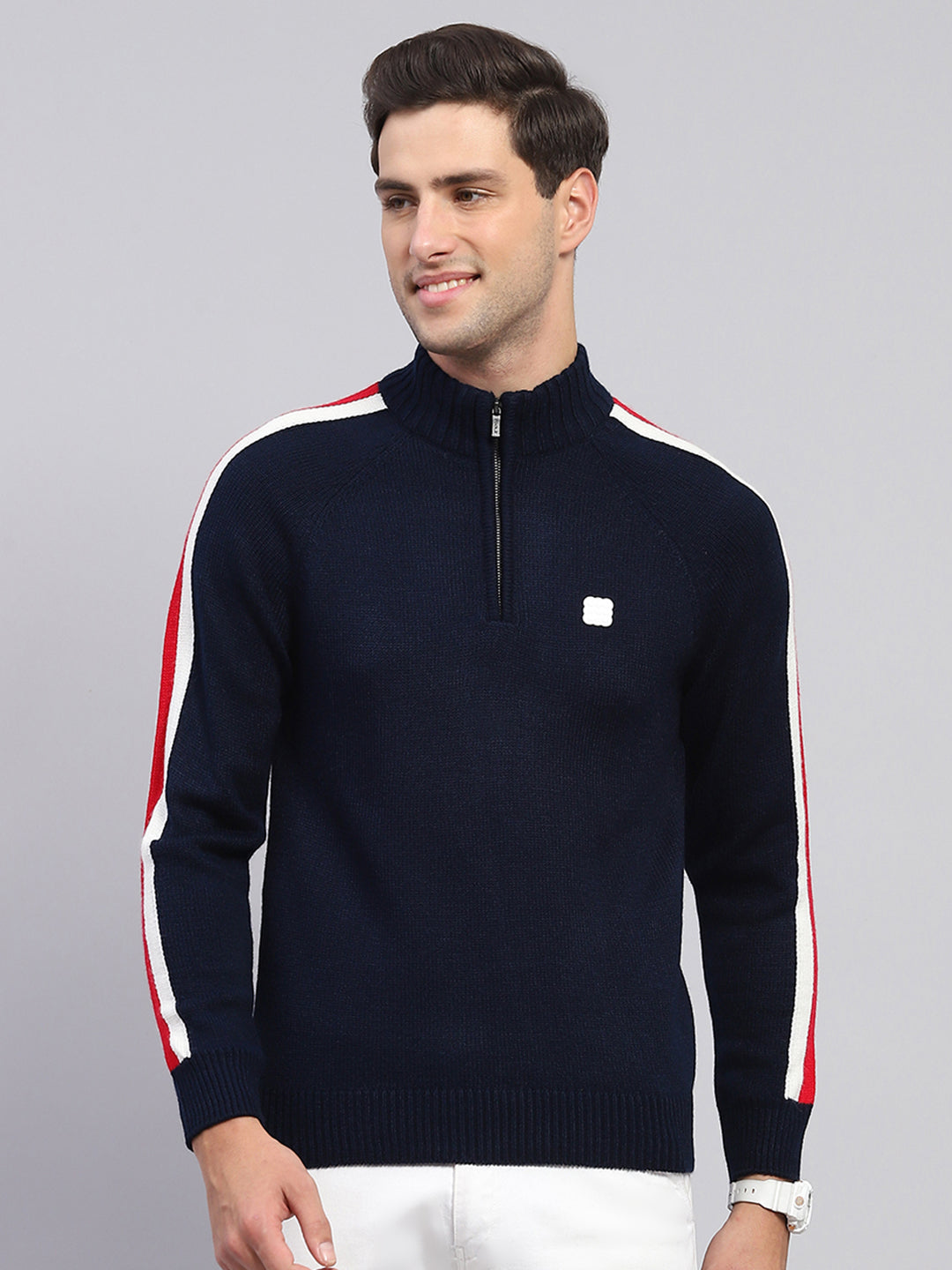 Buy Men Navy Blue Solid Mock Neck Full Sleeve Pullover Online in India ...